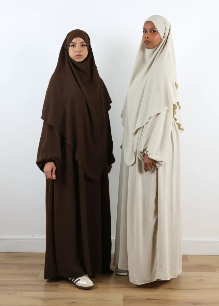 ABAYA and KHIMAR 2 Layer Set Puff Sleeves Dark Coffee - Ina Collection